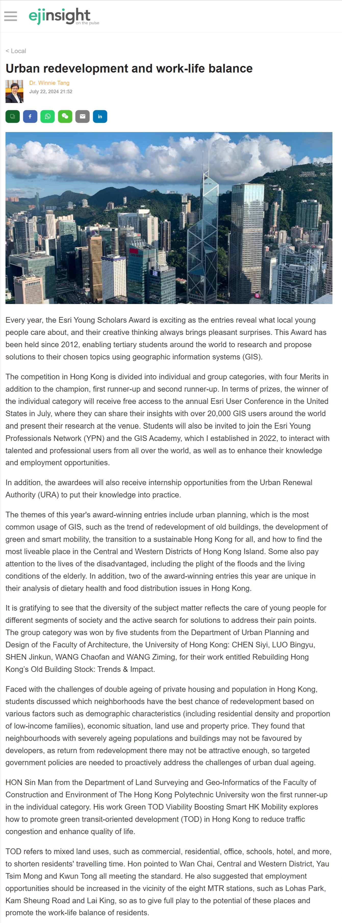 Dr Winnie Tang (鄧淑明博士), JP - Urban redevelopment and work-life balance - EJ Insight